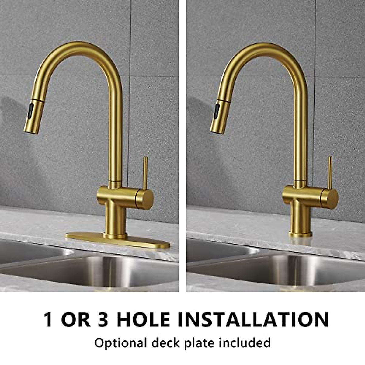 YardMonet Brushed Gold Kitchen Faucet with Pull Down Sprayer, Modern Gold Kitchen Sink Faucet Single Hole with 10" Deck Plate, Single Handle Pull Out Kitchen Faucets for Sink