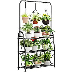 SORCEDAS Plant Stand 3 Tier Indoor Outdoor Tall Corner Hanging Plant Shelf Metal Flower Stands Ladder Plant Holder for Room Balcony Garden Patio Multiple Plants, Dark Grey