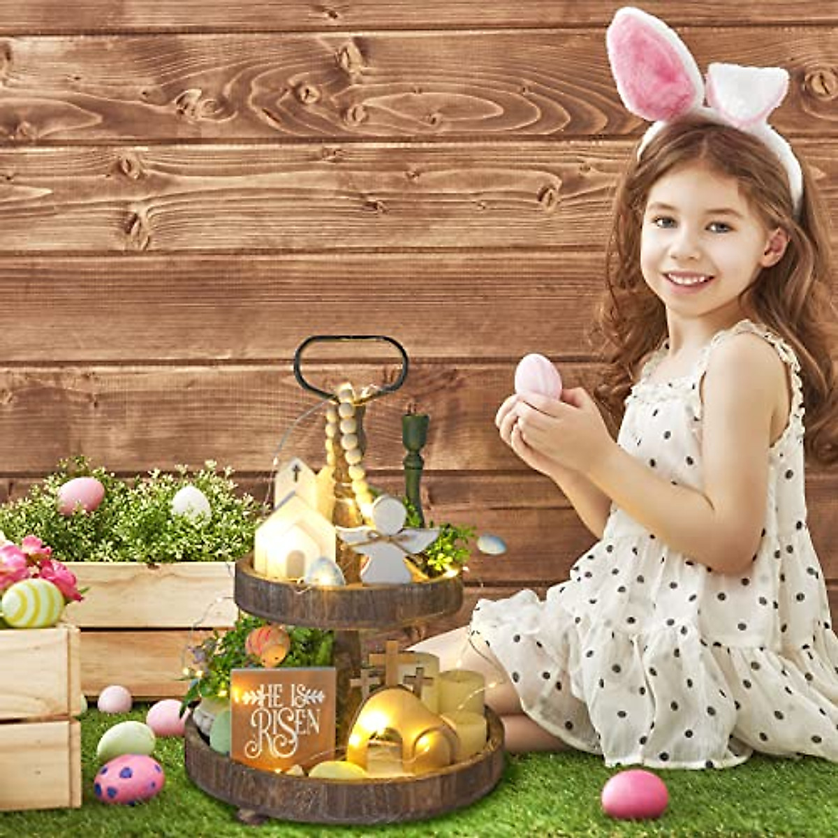 5 Pcs Jesus Tomb Easter Tray Bundle Kit with LED Fairy Lights, Wooden Easter Jesus Sign He Is Risen Resurrection Scene Nativity Christ Statue Farmhouse Easter Tiered Tray Decor for Home Church Table