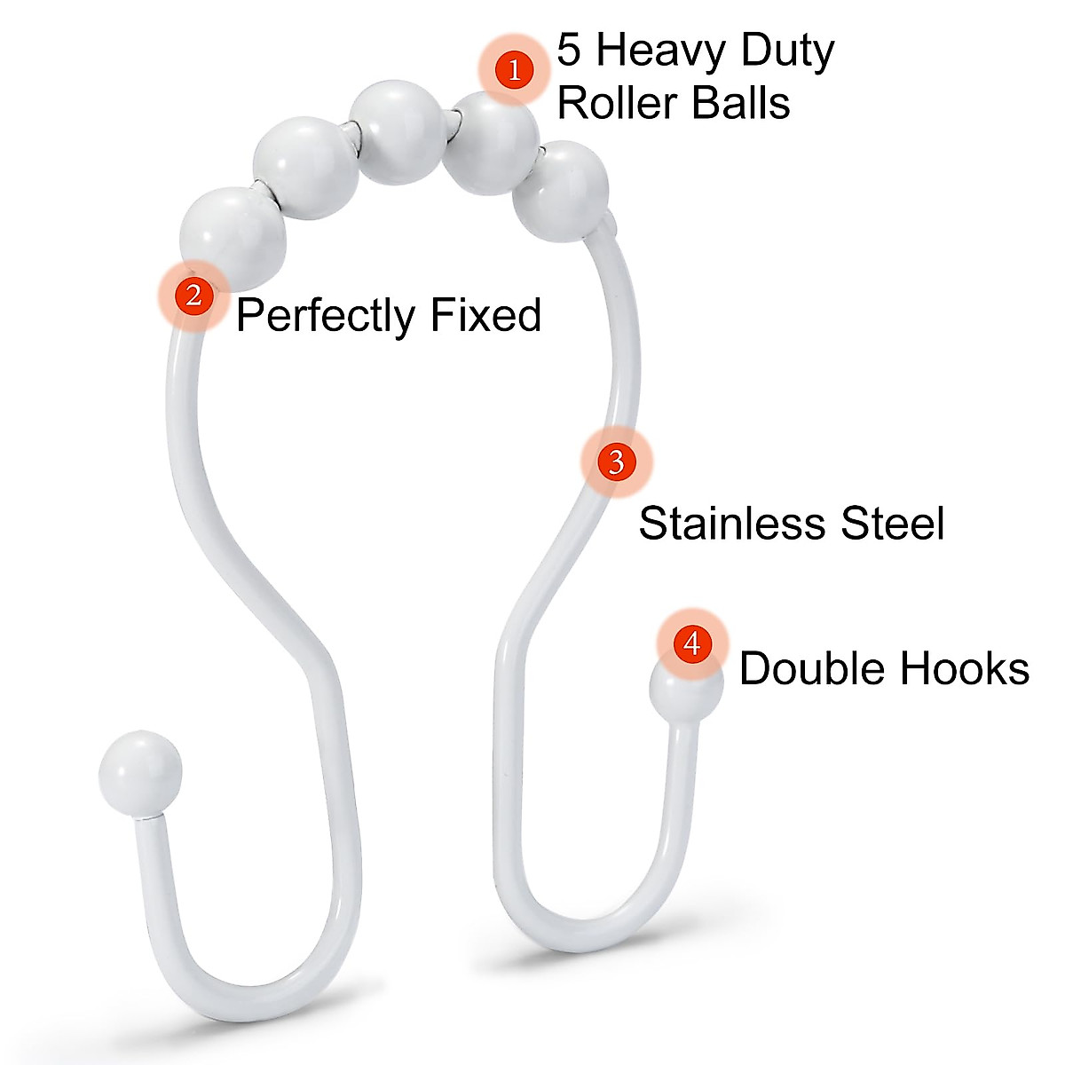 Goowin Shower Curtain Hooks, 12 Pcs Shower Curtain Rings, Stainless Steel Shower Curtain Hooks Rings Rust Proof, Smooth Sliding Anti-Drop Double Shower Hooks for Shower Curtain, Rods (White)