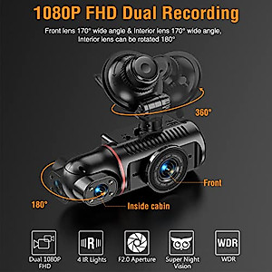 Dual Dash Cam Front and Inside FHD 1080P Dash Camera for Cars, Dashcams for Cars with Infrared Night Vision, 170° Wide Angle Car Camera Driving Recorder for Taxi, Accident Record, Loop Recording
