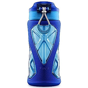 ZULU Torque 16oz Plastic Kids Water Bottle with Silicone Sleeve and Leak-Proof Locking Flip Lid, Soft Touch Carry Loop for School Backpack, Lunchbox, BPA-Free Dishwasher Safe, Mojo Blue