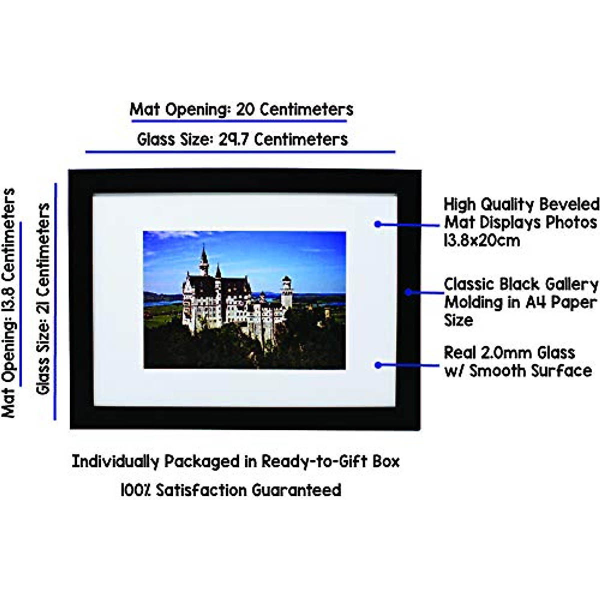 A4 Black Wood 21 x 29.7 cm Picture Frame with 13.8x20cm Mat - Includes Hanging Hardware and Easel - Real Glass - Horizontal and Vertical for Wall or Tabletop - International Size - 8.3x11.7 Inch