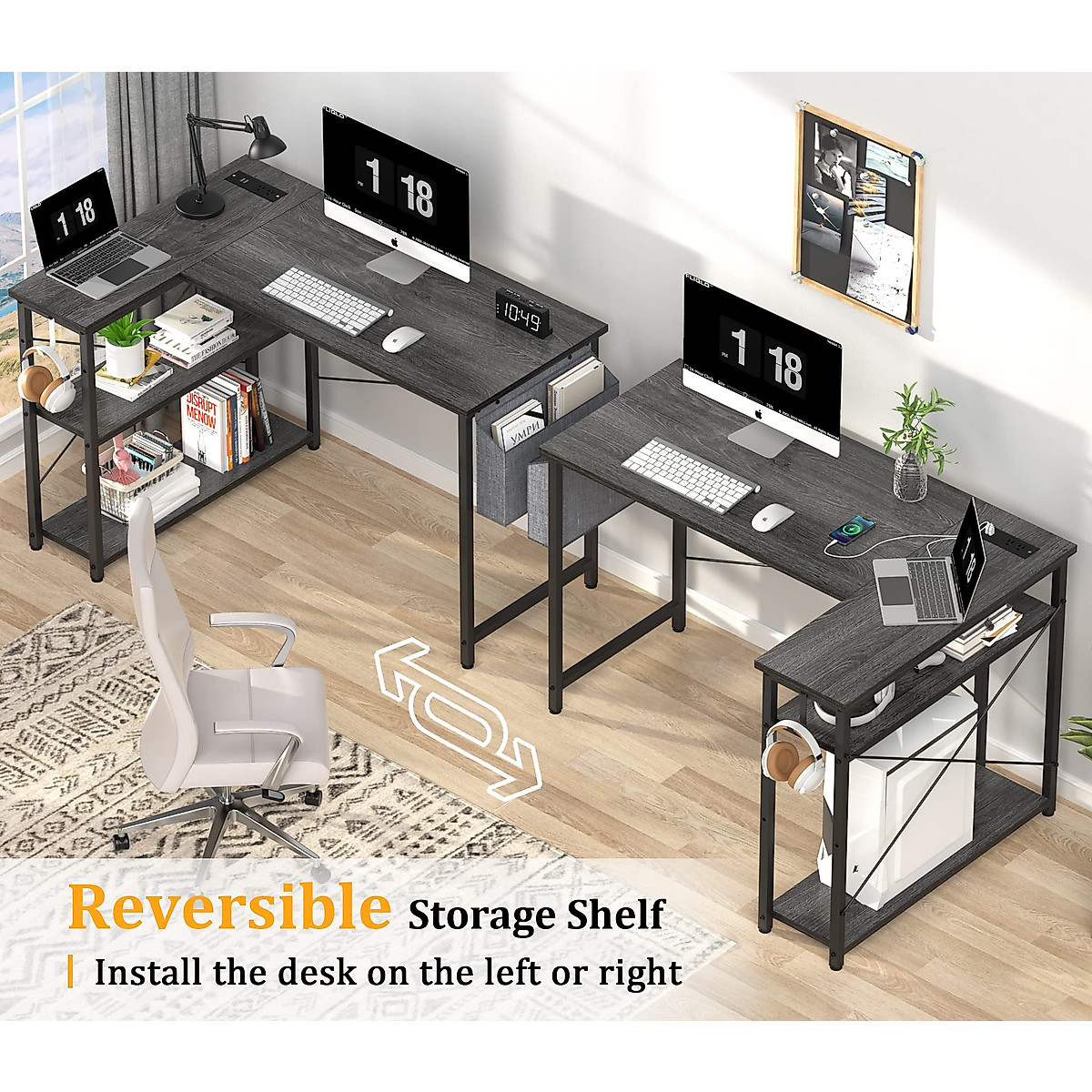 Mr IRONSTONE L Shaped Desk with Outlets & USB Ports, Reversible 47 Inch Office Desk, Corner Desk for Small Space, Home Office Desk with Storage Bag & Hook, Black Oak