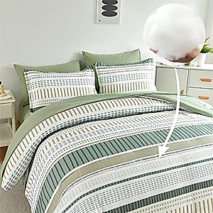 Davulos Boho Stripe Comforter Set King Size 7 Piece Bed in a Bag, White Sage Green Patchwork Striped Comforter and Sheet Set, Soft Microfiber Complete Bedding Set for All Season(Green,King)