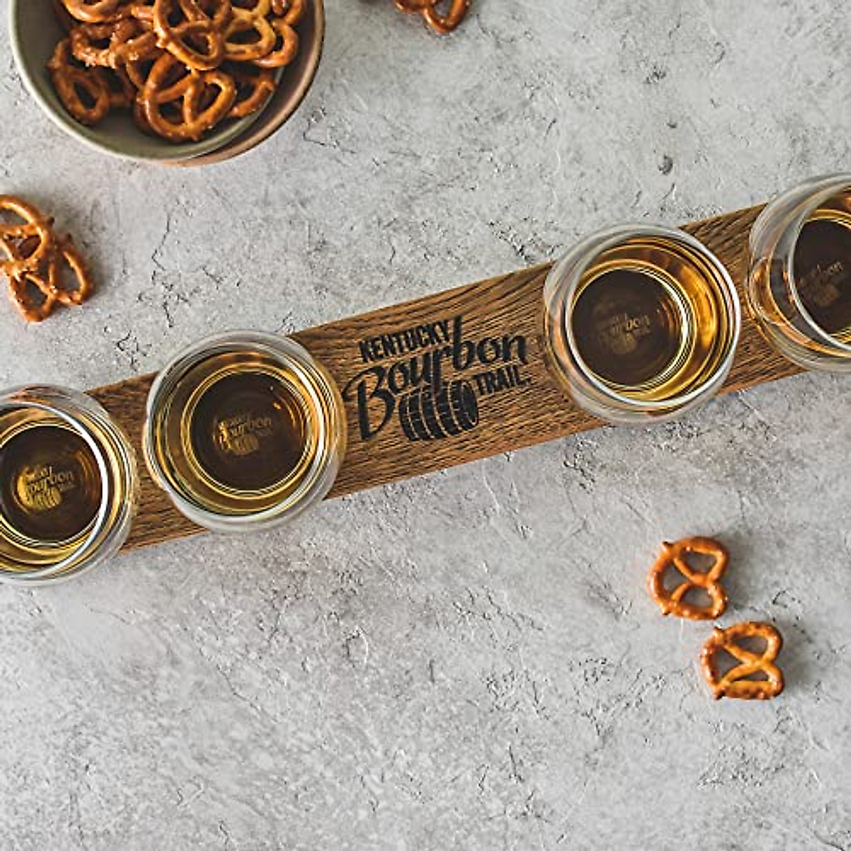 Libbey Signature Kentucky Bourbon Trail Whiskey Tasting Set, 4 Whiskey Glasses with Wood Paddle