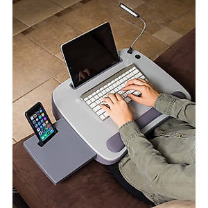 Sofia + Sam Multi Tasking Lap Desk with Memory Foam Cushion | Tablet and Phone Slots and USB Light | Fits Laptops Up to 15" | Tablets Up to 9.6" | Smart Phones Up to 4" | Silver | Wrist Rest