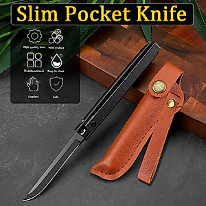 2 Piece Slim Pocket Knife, Slim EDC Knife with Leather Case, Folding Knife with Glass Breaker for Home Using, Outdoor Camping, Fishing, Hunting, Black