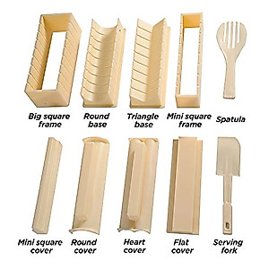 Sushi Making Kit Deluxe Edition with Complete Sushi Set 10 Pieces Plastic Sushi Maker Tool Complete with 8 Sushi Rice Roll Mold Shapes Fork Spatula DIY Home Sushi Tool (Off-white)
