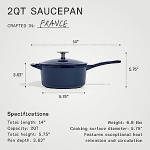 Made In Cookware - 2 Quart Enameled Cast Iron Saucepan with Lid - Harbour Blue - Hand-Enameled Cast Iron - Professional Cookware - Crafted in France - Induction Compatible