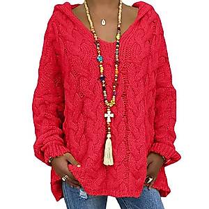 Womens Sweater Jumper Hooded Plus Size Twist Oversized Solid Color Ribbed V-Neck Plain Knitted Tops Loose Knitting Pullover Knitwear(2XL,A Red)