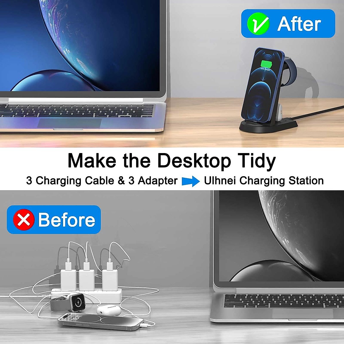 Charging Station for Multiple Devices Apple, 3 in 1 Fast Charger Stand for Apple iWatch 8 7 6 SE 5 4 3 2 iPhone 14 13 12 11 Pro X Max XS XR 8 7 Plus 6s 6 AirPods 1 2 3 Pro with 25W Adapter
