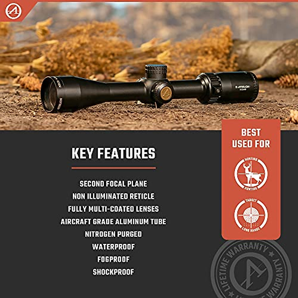 Athlon Optics , Neos , Riflescope , 4-12 x 40 Second Focal Plane (SFP) 1" Tube, Center X Reticle , Black