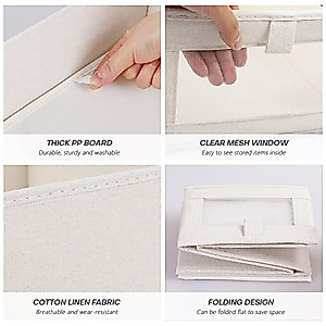 LaMorée Fabric Storage Bin Box Rectangular Cotton Linen Storage Basket Cube with Thick PP Board Clear Mesh Window Foldable Decorative Nursery Home Office Organizer Container – Beige, Small