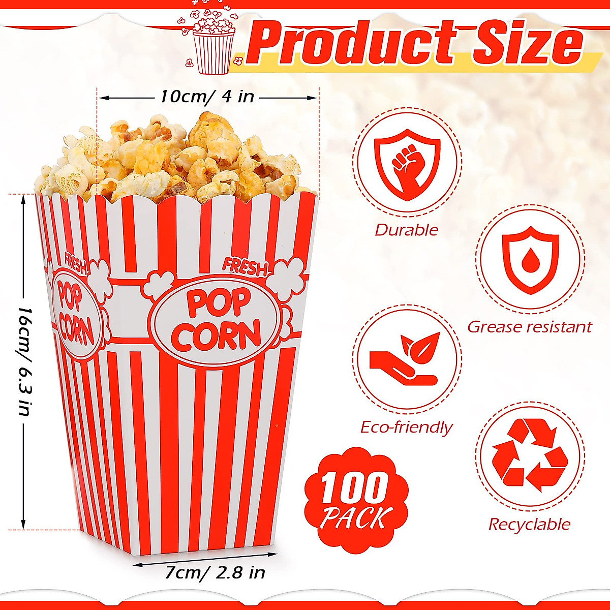 100 Pcs Popcorn Boxes Classic Red White Stripe Paper Popcorn Buckets Disposable Oil Proof Popcorn Container Retro Open Top Popcorn Holders for Movie Night Supplies Theaters Carnival Birthday Party