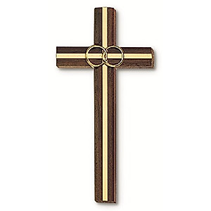 Wedding Wood Walnut Wall Cross with Gold Inlay Accented With 2 Gold Rings In Gift Box