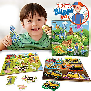 Blippi Toys for Kids by Creative Kids - 3 Chunky Puzzles for Toddlers - Wooden Animal Dinosaur Construction Puzzles - Toddler Puzzles Educational Learning Gifts Wooden Toys for Kids Ages 2+