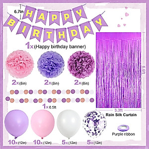 Upgraded Purple Pink Birthday Party Decorations for Women Girls with Happy Birthday Banner,Tissue Paper Pompoms,Circle Dots Garland,Fringe Curtains,Birthday Balloons,Purple Birthday Decor