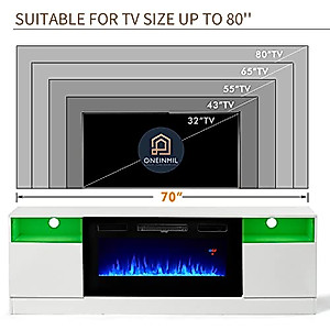 oneinmil Fireplace TV Stand with 36" Electric Fireplace, LED Light Entertainment Center, Modern Wood Texture Entertainment Stand with Highlight Storage Cabinet for TVs Up to 80", 70 inches,White