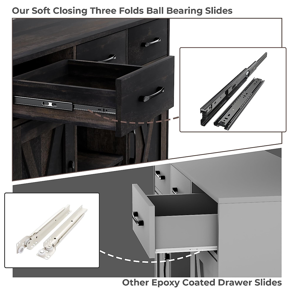 VVFLU Sideboard Buffet Cabinet with Storage Kitchen Farmhouse Coffee Bar Cabinet, Drawers, Removable Wine Rack, Wine Glass Rack, Barn Doors, Adjustable Shelves for Dinning Room, Brown (Dark Wood)