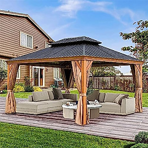 DHPM Gazebo with Galvanized Steel Roof, Double Roof Hardtop Gazebo with Anti-Rust Coating, Outdoor Gazebo with Curtains and Netting, Sunshade for Gardens, Lawns, Deck (12x 14FT)