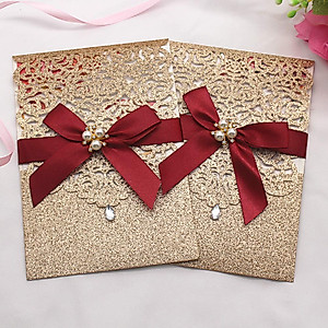 AdasBridal 25Pcs Gold Glitter Laser Cut Invitations with RSVP Cards and Envelopes Luxury Diamond and Ribbon Design with 250GSM Pearl Paper Insert For Wedding Engagement Birthday Quinceanera Invite