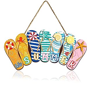 Flip Flops Hello Summer Sign 16" Pool Beach Signs Decor Outdoor Slippers Shaped Porch Front Door Hanging Wall Sign Decorations Welcome Accents for Bathroom Bar Home Yard Garden