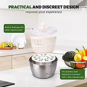 Stainless Steel Salad Rotator, 5-quart Vegetable Dishwasher,Lettuce Cleaner and Dryer, Stainless Steel Salad Spinner, Salad Spinner