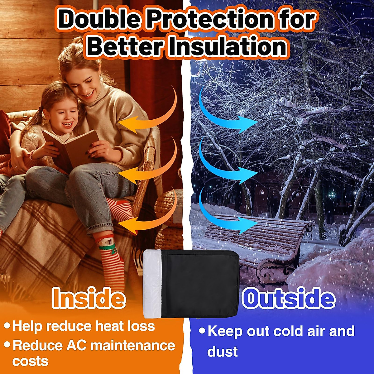 2 Pack Windproof Window AC Cover for Indoor Outdoor - Insulation Air Conditioner Unit Covers with Drawstring for Winter Inside 25''W × 17''H × 3.5''D and Outside 25.5''W × 18''H × 20.5''D