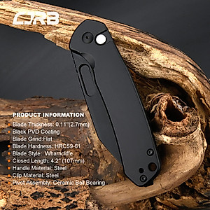 CJRB Pyrite-Alt (J1925A) Folding Pocket Knife with 3.11'' Black PVD AR-RPM9 Wharncliffe Blade Black PVD Steel Handle,Button Lock EDC Knife for Tactical,Outdoor,Hiking and Gift
