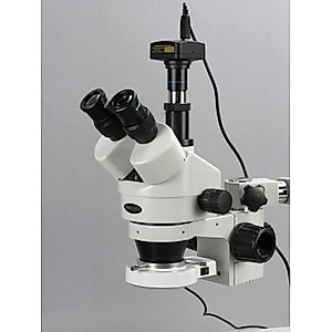 AmScope SM-3TZ-54S-5M Digital Professional Trinocular Stereo Zoom Microscope, WH10x Eyepieces, 3.5X-90X Magnification, 0.7X-4.5X Zoom Objective, 54-Bulb LED Light, Single-Arm Boom Stand, 110V-240V, Includes 0.5X and 2.0X Barlow Lenses and 5MP Camera with
