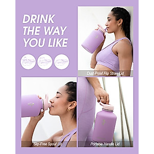 Coolflask Half Gallon Water Bottle Insulated with PU Leather Sleeve, 64 oz Water Bottle Color Contrast with Straw Lids, Stainless Steel Metal Large Water Jug, Keep Cold 48h Hot 24h,Lilac Purple