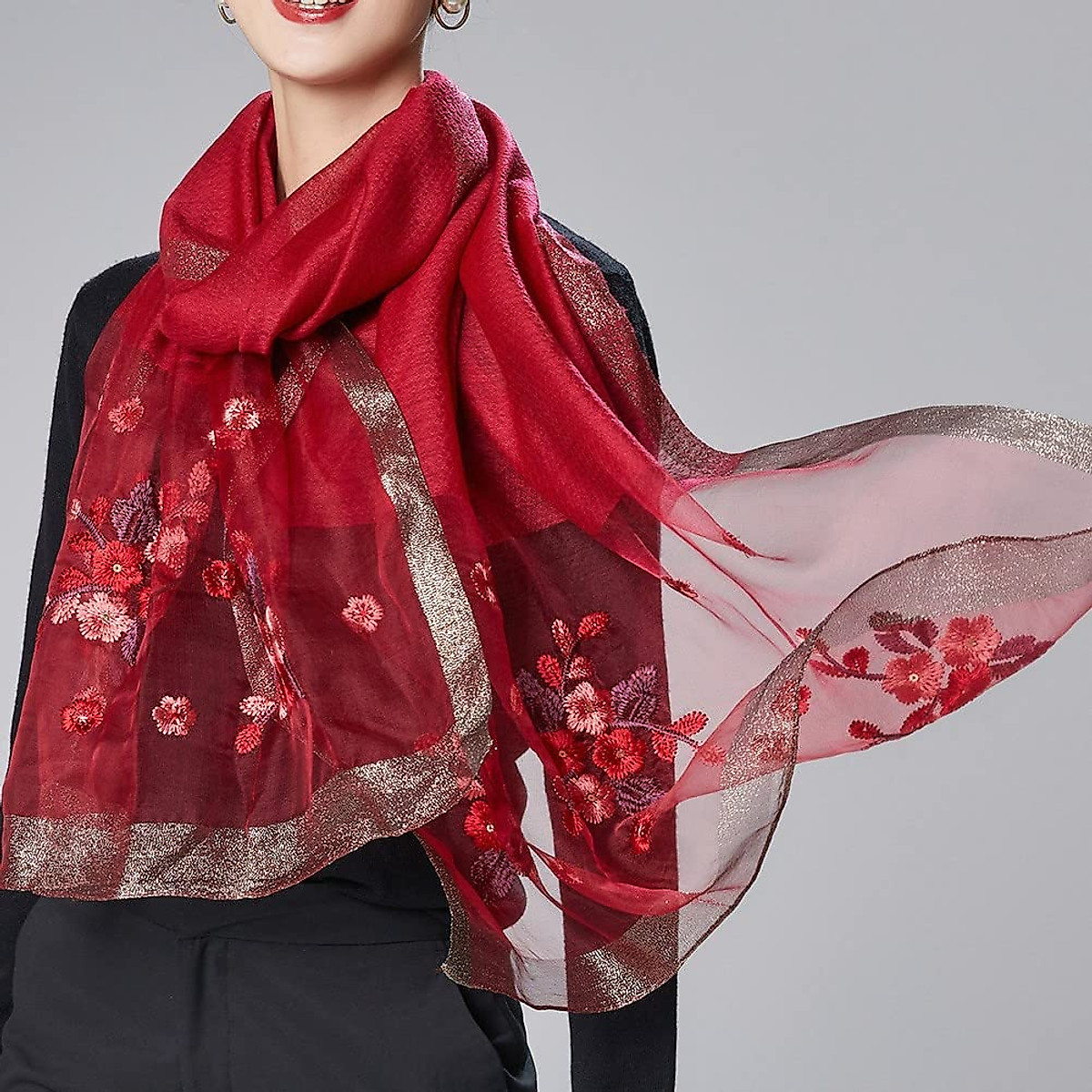 WINCESS YU Women Mulberry Silk Scarf Lightweight Embroidered Floral Shawl Wraps Beach Gauze Blanket Shawl for All Season