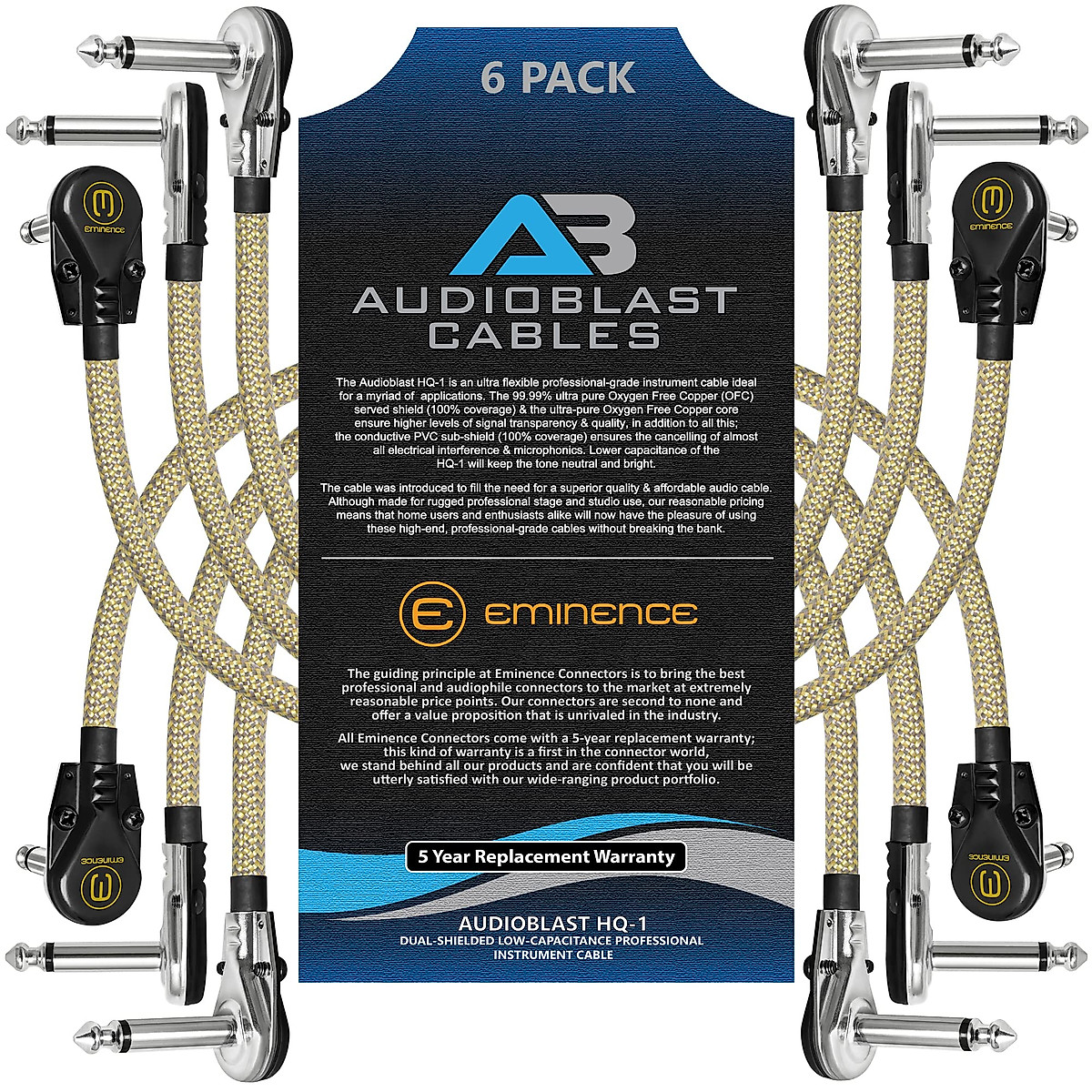 6 Units - 12 Inch - Audioblast HQ-1-BRAID(Tan + Beige) - Flexible - Dual Shielded (100%) - Instrument Effects Pedal Patch Cable w/ ¼ inch (6.35mm) Low-Profile, R/A Pancake TS Plugs & Protective Boot