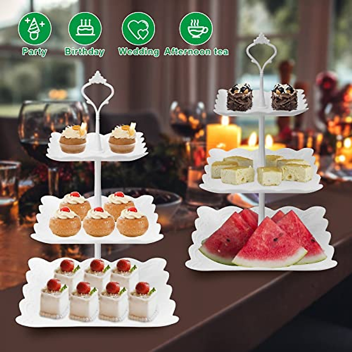 Coitak Plastic Cupcake Stands, 3 Tier Cupcake Stand, Dessert Tower Tray for Tea Party, Baby Shower and Wedding (2 Pack) (Square)