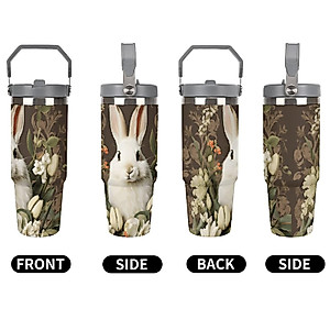 30oz Stainless Steel Insulated Tumbler with Flip Lid & Straw, Leakproof Travel Mug for Car, A Beautiful White Rabbit Double Wall Vacuum Thermal Coffee Cup with Handle, Spill-Proof Design for Hot/Cold