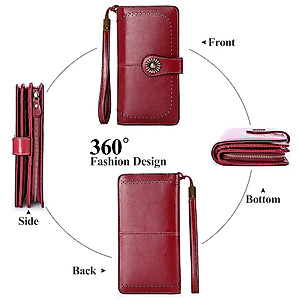 SENDEFN Genuine Leather Wallet for Women Clutch with Strap 24 Card Slots 2 ID Windows Cash Compartments 1 Zipper Pocket Credit Card Holder RFID Blocking Gift Box Included (Red-1)