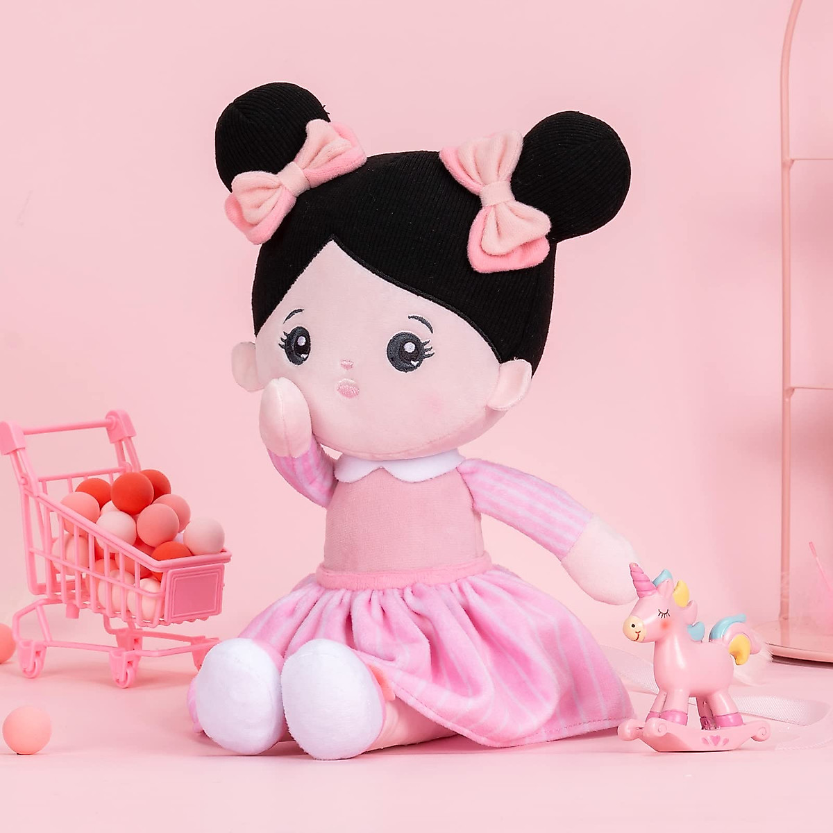OUOZZZ 15" Soft Baby Doll for Girls Black Hair Pink Dress & Baby Girl Gifts Mermaid Toys - 6 Pieces Plush Toys Stuffed Animal Playset