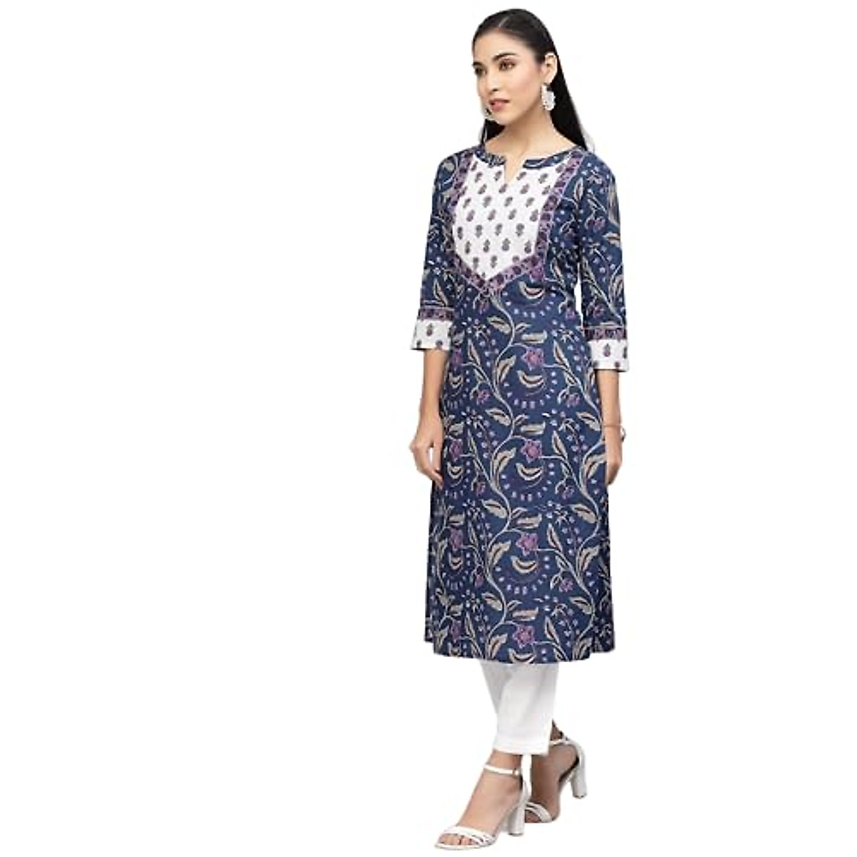Indian Women's Girls Tunic Tops Crepe Floral Print Straight Kurti Kurta (as1, alpha, x_l, regular, regular) Blue
