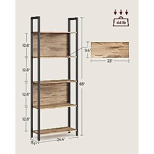 VASAGLE 5-Tier Bookshelf, Book Shelf, Industrial Bookcase, with Steel Frame, for Living Room, Home Office, Bedroom, 9.4" D x 24.4" W x 65" H, Rustic Walnut + Black