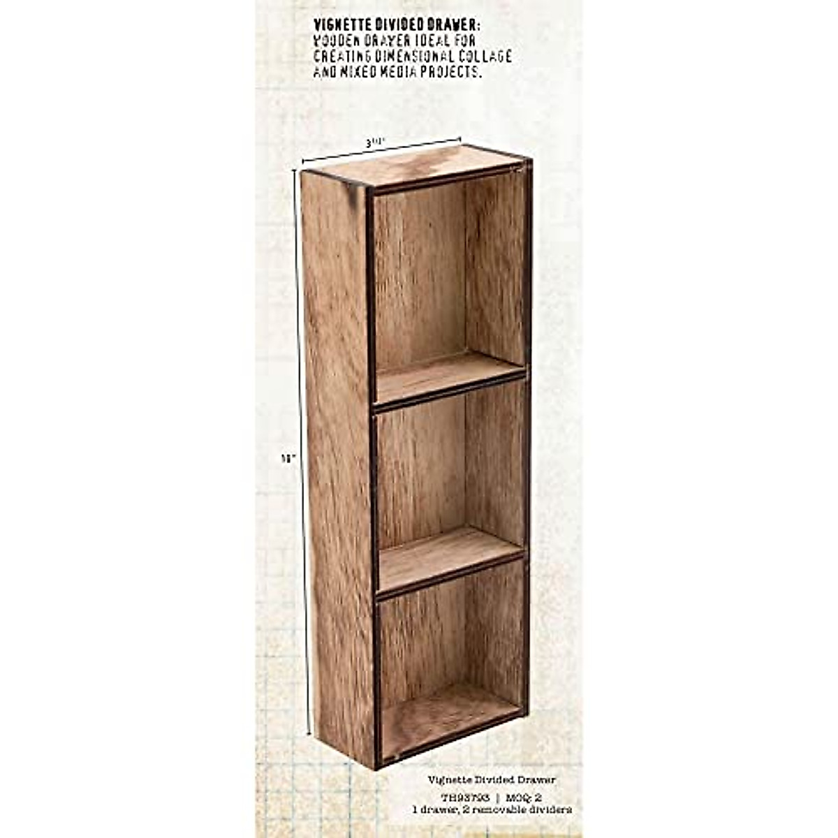 Tim Holtz Idea-Ology Structures Vignette Wooden Divided Drawer 3.5 x 10 inches with 3 Compartments, 1-Pack with 1 Drawer and 2 Movable Dividers per Pack, Bundled with Artsiga Crafts Storage Bag