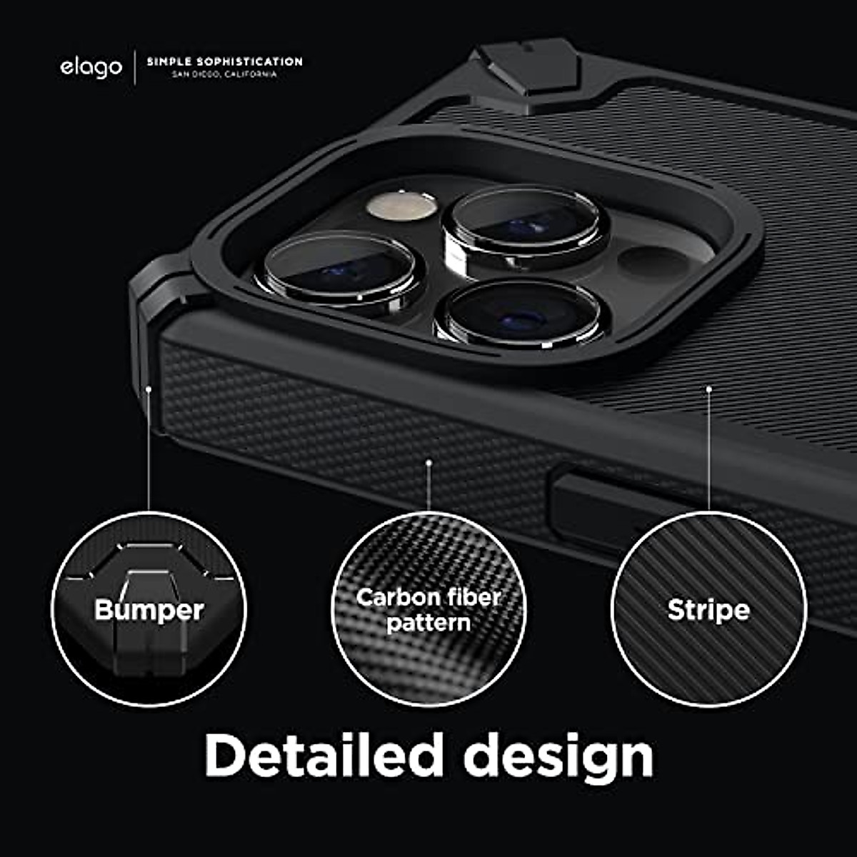 Elago Armor iPhone 14 Pro Max 6.7" Case - Military Grade Drop Protection, Heavy-Duty Carbon Fiber Texture, Shockproof Bumper (Black)