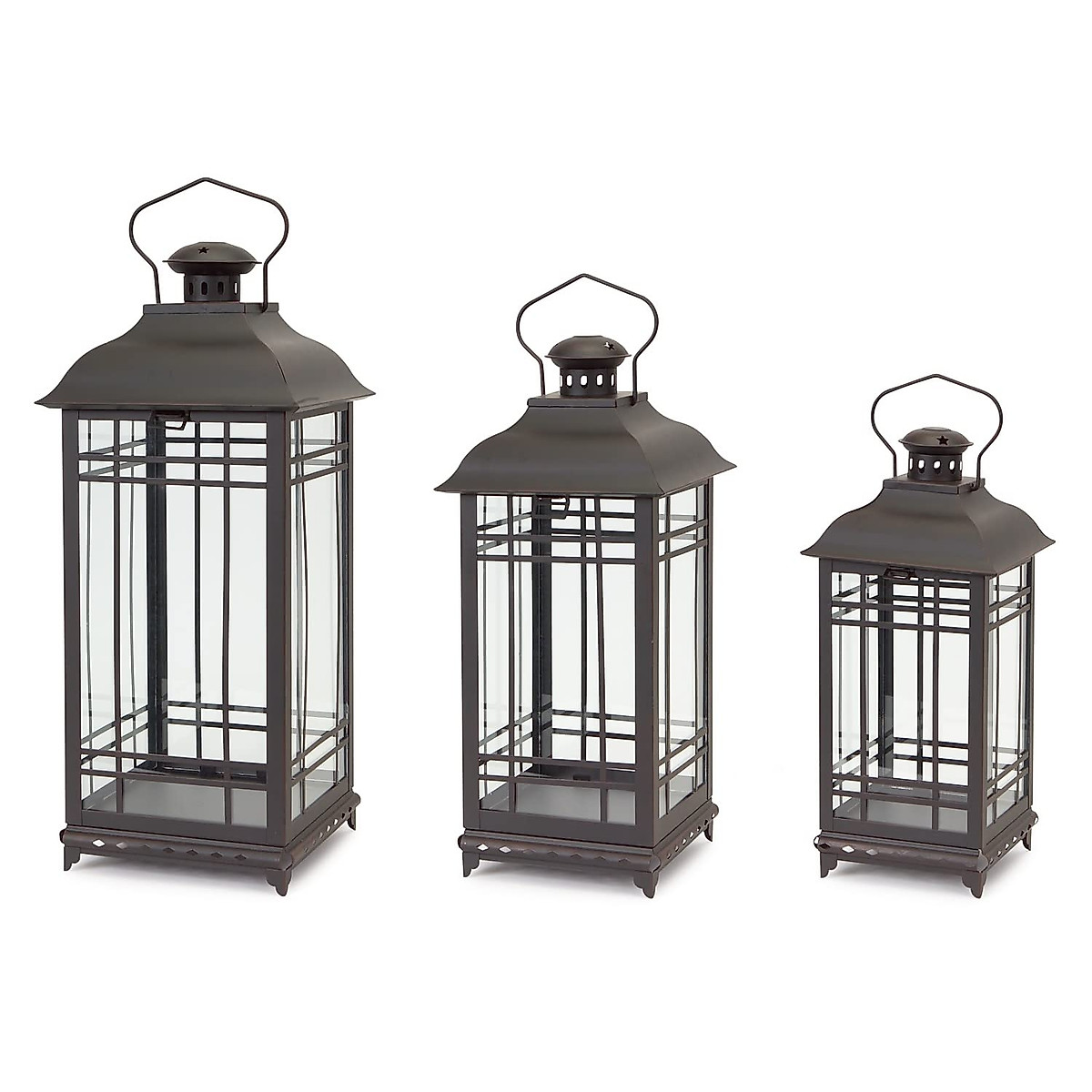 Melrose Rustic Decorative Hanging Metal and Glass Outdoor Porch Deck Patio Home Room Décor Lantern Candle Holder Lights, Bronze (Set of 3)