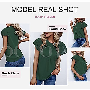 Dokotoo Women's Fashion 2023 Summer Ruffle Short Sleeve Round Neck Tops Lace Pom Pom Smocked Basic Tee Shirts Back Keyhole Self Tie Flowy Chiffon Blouses XL Green