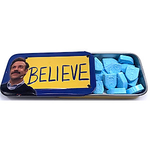 Ted Lasso Believe In Believe Blue Raspberry Flavored Candy - (1) Collectible Slide off top Tin filled with candies featuring Ted Lasso