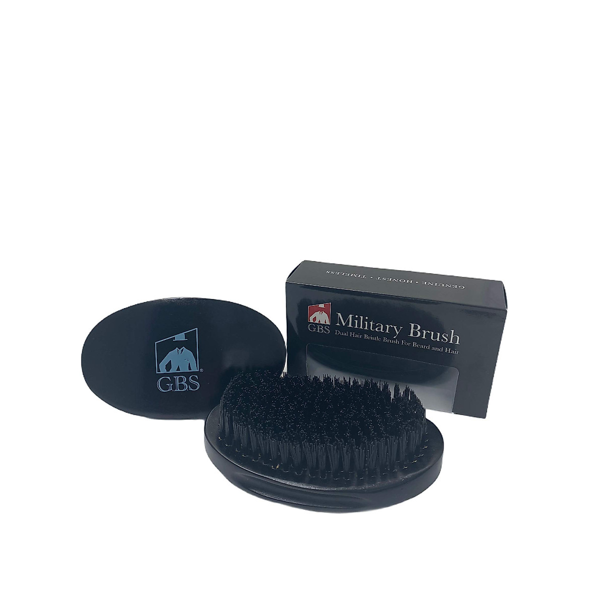 G.B.S Military Style Dual Bristle Beard and Hair Brush - Hi-Gloss Wood, Animal-free Vegan Bristles, Over 2,000 Firm Bristles for Daily Grooming (BLACK)