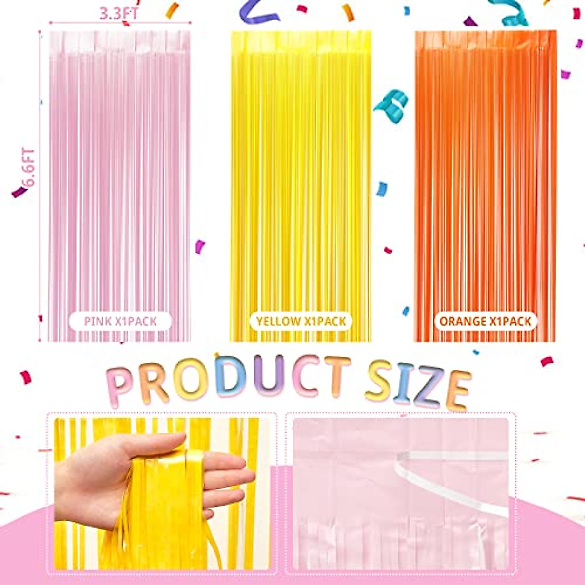Juexica 3 Pack Groovy Foil Fringe Curtain Groovy Photo Booth Foil Curtain Backdrop Boho Party Decorations Groovy Party Decorations (3.2 x 6.6 ft),Orange, Yellow, Pink