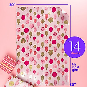 Plum Designs Gift Wrapping Paper Sheets- Happy Birthday Wrapping Paper Girl, Fun Wrapping Paper for Birthday Girl, 14 Sheets Gift Wrap Paper (Cute Fun Theme) (Kraft Birthday THeme) (Pretty Pink Designs)