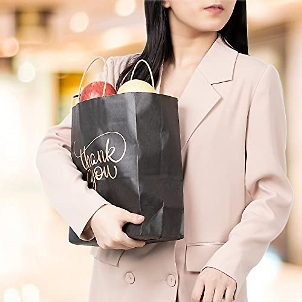 LEAFIPO 50 Pcs Black Paper Bags With Handles Bulk, Thank You Gift Bags Medium Size 8 x 4.75 x 10, Kraft Paper Bags for Small Business, Shopping, Wedding, Party, Retail, Goodies, Wholesales, Boutique