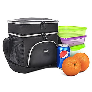 Kato Insulated Small Lunch Bag, Leakproof Dual Compartment Thermal Cooler Reusable Lunch Tote for Men and Women, Black